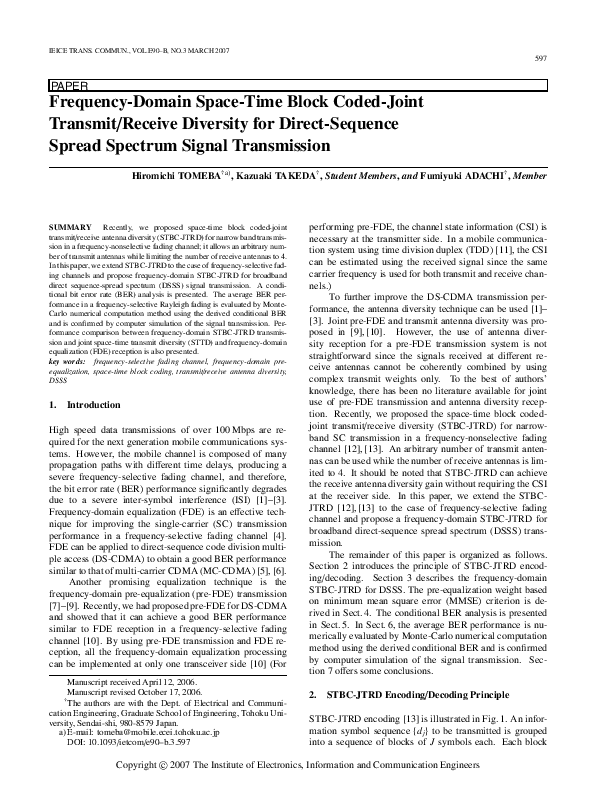 Pdf Frequency Domain Space Time Block Coded Joint Transmitreceive Diversity For Direct 