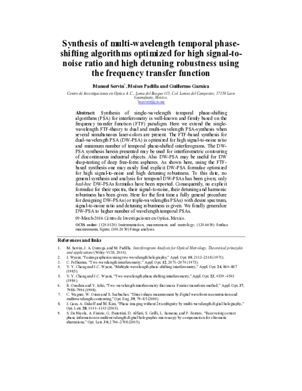 (PDF) Synthesis of multi-wavelength temporal phase-shifting algorithms optimized for high signal ...