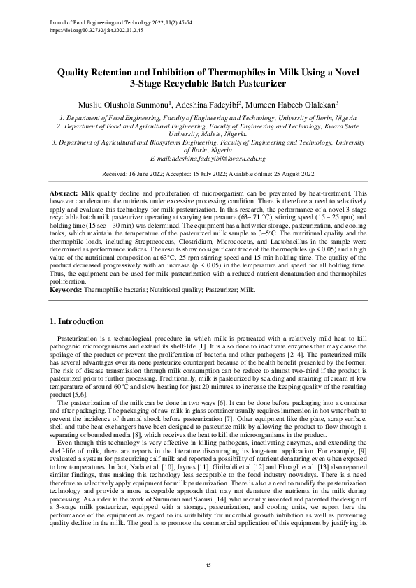 (PDF) Quality Retention and Inhibition of Thermophiles in Milk Using a ...