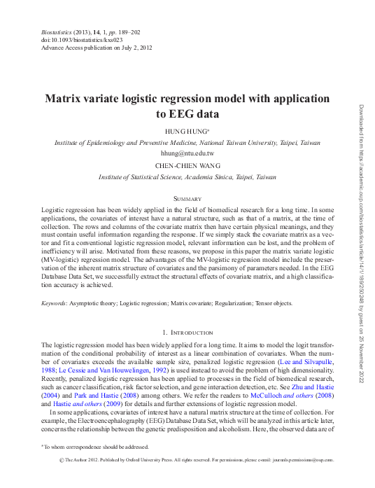 Pdf Matrix Variate Logistic Regression Model With Application To Eeg Data