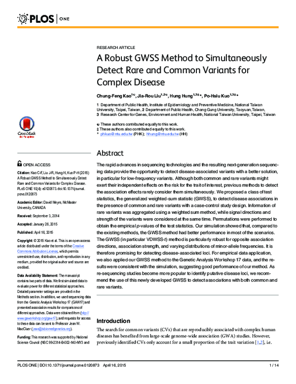 (PDF) A Robust GWSS Method to Simultaneously Detect Rare and Common Variants for Complex Disease