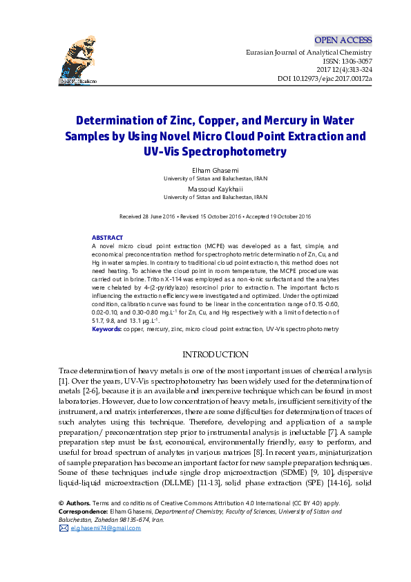 Pdf Determination Of Zinc Copper And Mercury In Water Samples By