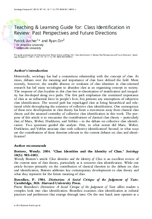 (PDF) Teaching & Learning Guide for: Class Identification in Review: Past Perspectives and ...