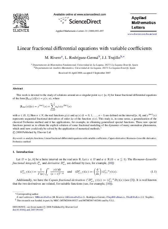 Pdf Linear Fractional Differential Equations With Variable Coefficients