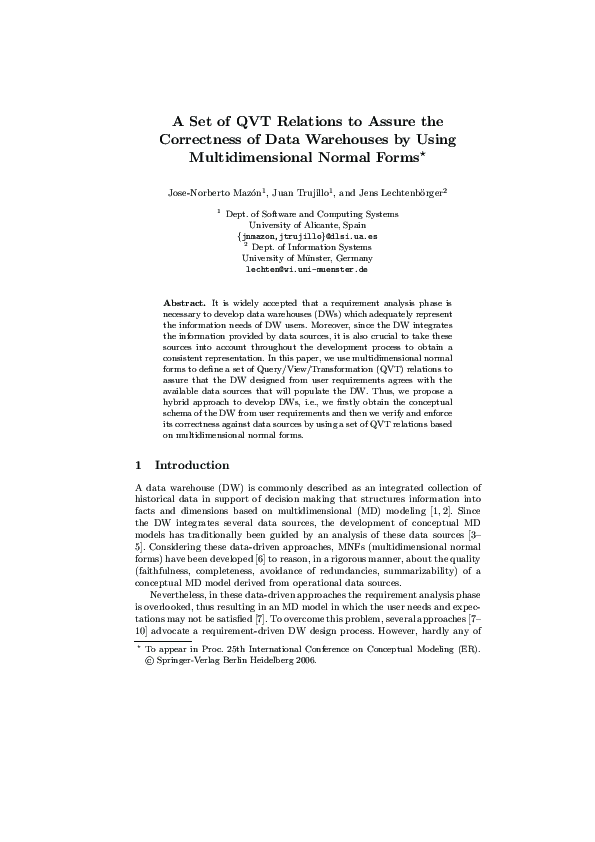 (PDF) A Set of QVT Relations to Assure the Correctness of Data Warehouses by Using ...