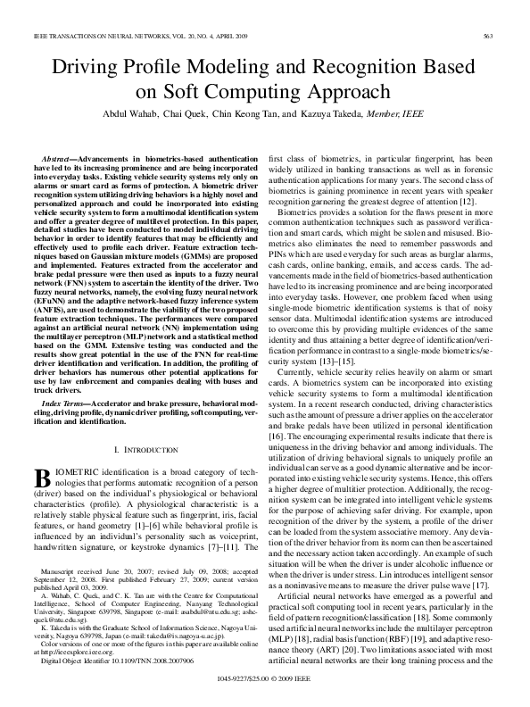 (PDF) Driving Profile Modeling and Recognition Based on Soft Computing Approach