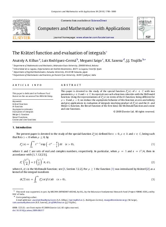 (PDF) The Krätzel function and evaluation of integrals