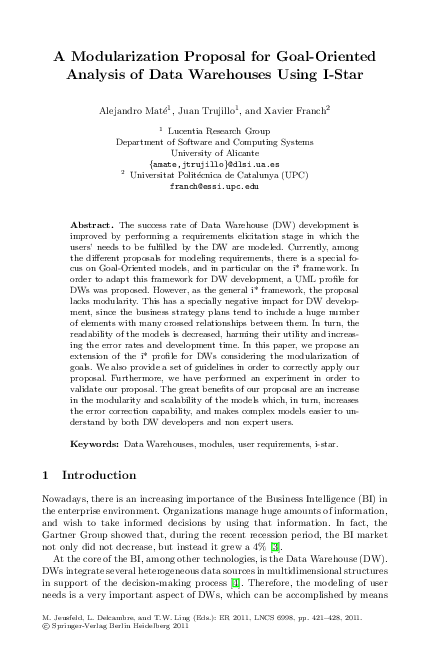 (PDF) A Modularization Proposal for Goal-Oriented Analysis of Data Warehouses Using I-Star