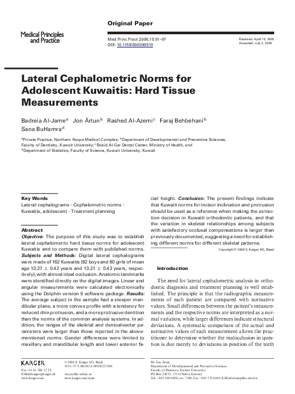 (PDF) Lateral Cephalometric Norms for Adolescent Kuwaitis: Hard Tissue ...