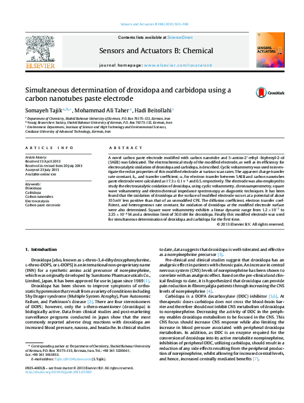 (PDF) Simultaneous determination of droxidopa and carbidopa using a carbon nanotubes paste electrode