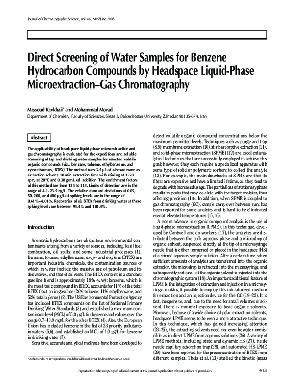 (PDF) Direct Screening ofWater Samples for Benzene Hydrocarbon ...