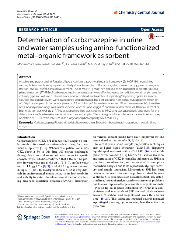 (PDF) Determination of carbamazepine in urine and water samples using amino-functionalized metal ...