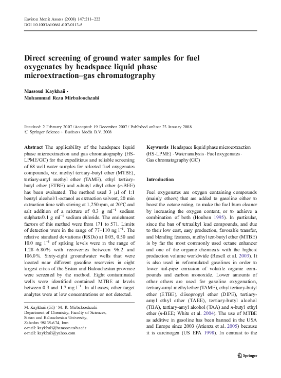 (PDF) Direct screening of ground water samples for fuel oxygenates by ...