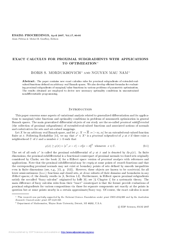 (PDF) Exact calculus for proximal subgradients with applications to optimization