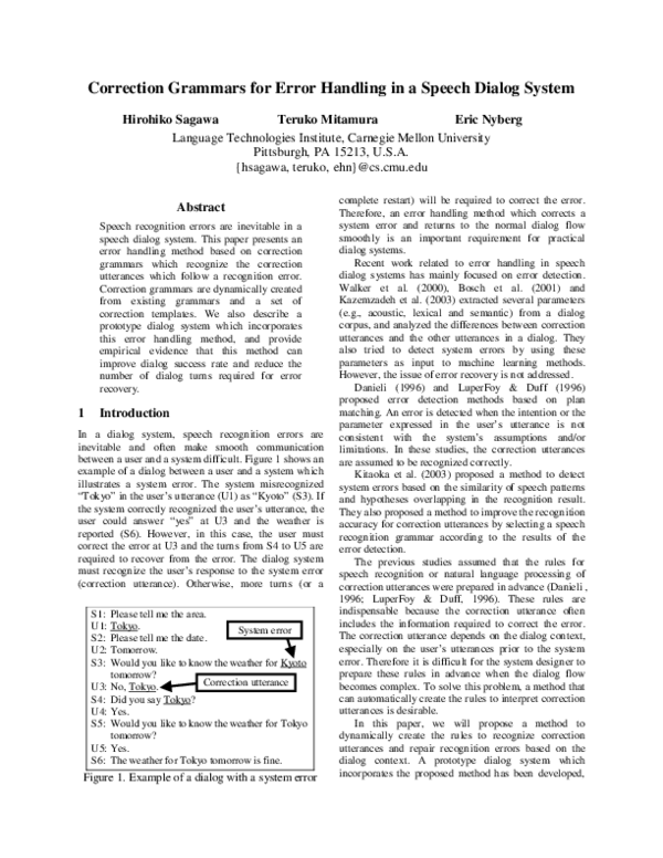(PDF) Correction grammars for error handling in a speech dialog system