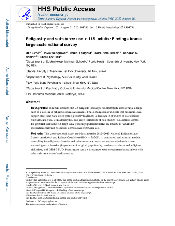 (PDF) Religiosity and substance use in U.S. adults: Findings from a ...
