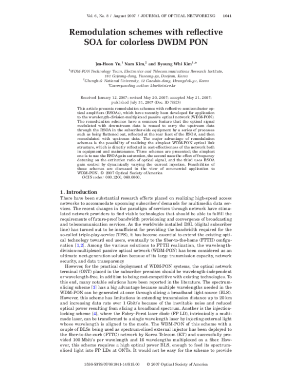 (PDF) Remodulation schemes with reflective SOA for colorless DWDM PON ...