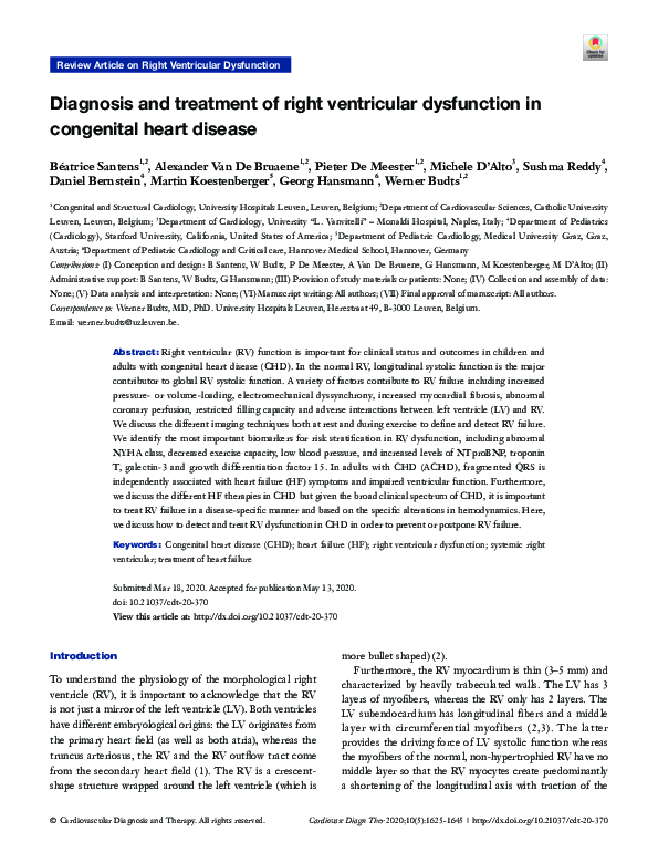(PDF) Diagnosis and treatment of right ventricular dysfunction in congenital heart disease