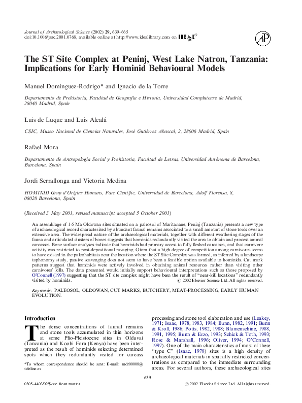 The ST Site Complex at Peninj, West Lake Natron, Tanzania: Implications ...