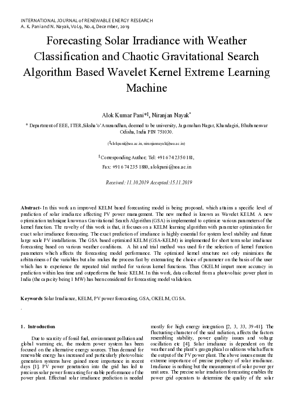 Pdf Forecasting Solar Irradiance With Weather Classification And Chaotic Gravitational Search