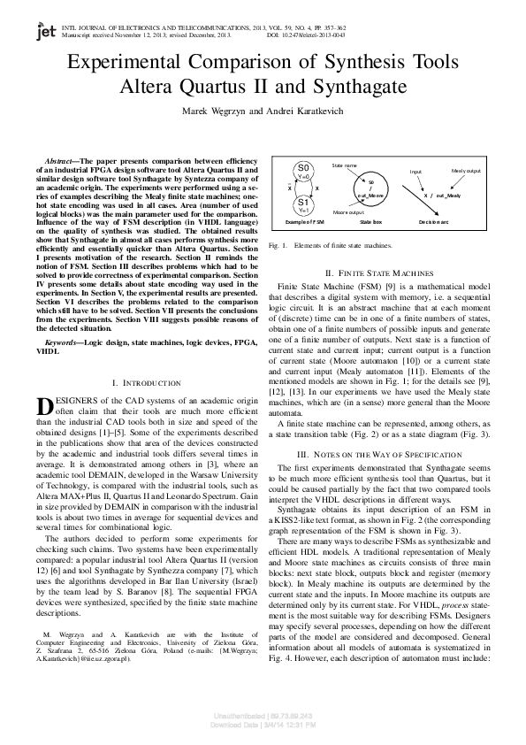 (PDF) Experimental Comparison of Synthesis Tools Altera Quartus II and ...