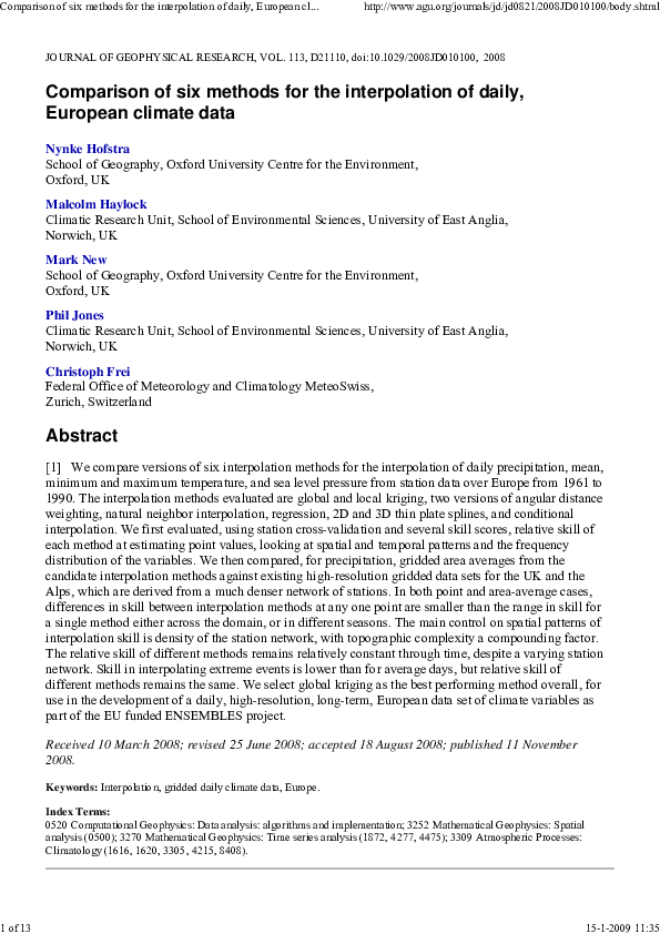 (PDF) Comparison of six methods for the interpolation of daily, European climate data