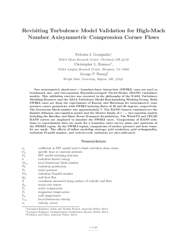 (PDF) Revisiting Turbulence Model Validation for High-Mach Number Axisymmetric Compression ...