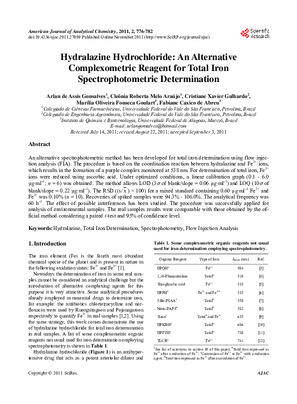 (PDF) Hydralazine Hydrochloride: An Alternative Complexometric Reagent for Total Iron ...