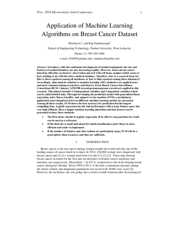 (PDF) Application of Machine Learning Algorithms on Breast Cancer Dataset