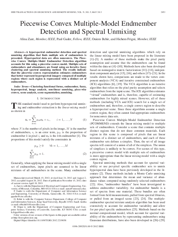 (PDF) Piecewise Convex Multiple-Model Endmember Detection and Spectral Unmixing