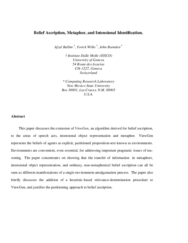 (PDF) Belief ascription, metaphor, and intensional identification (PDF) Belief ascription, metaphor, and intensional identification