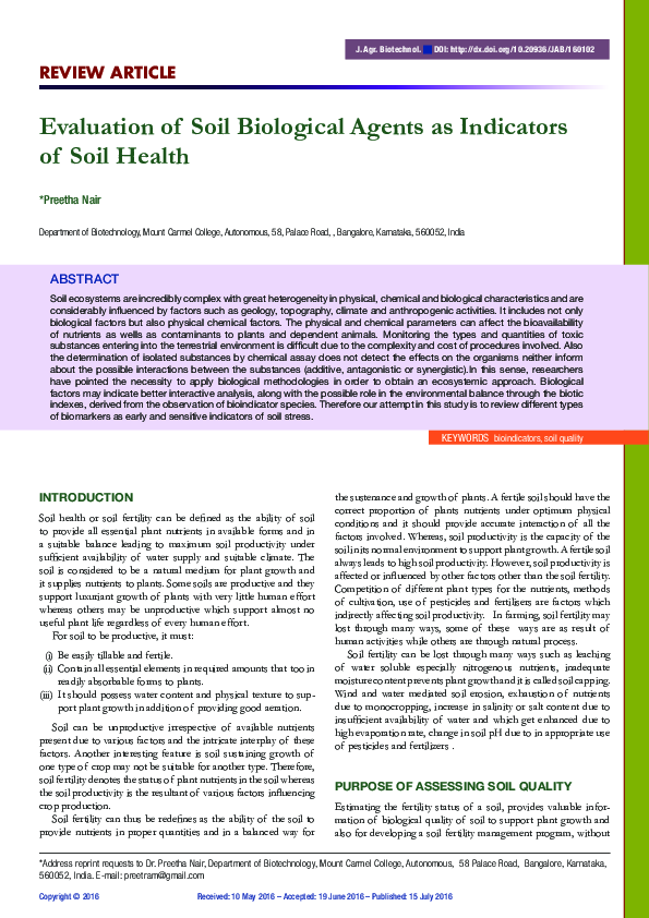 (PDF) Evaluation of Soil Biological Agents as Indicators of Soil Health