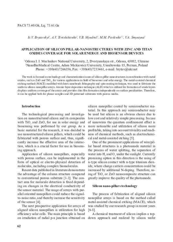 (PDF) Application of Silicon Pillar-Nanostructures with Zinc and Titan Oxides Coverage for Solar ...