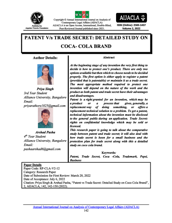 (PDF) Patent v/s Trade Secret: Detailed Study on Coca-Cola Brand