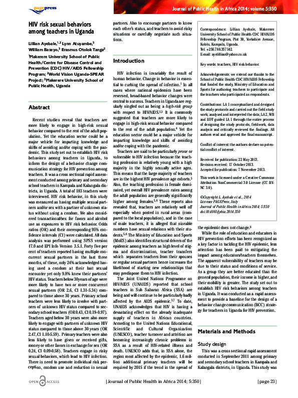 Pdf Hiv Risk Sexual Behaviors Among Teachers In Uganda 2093