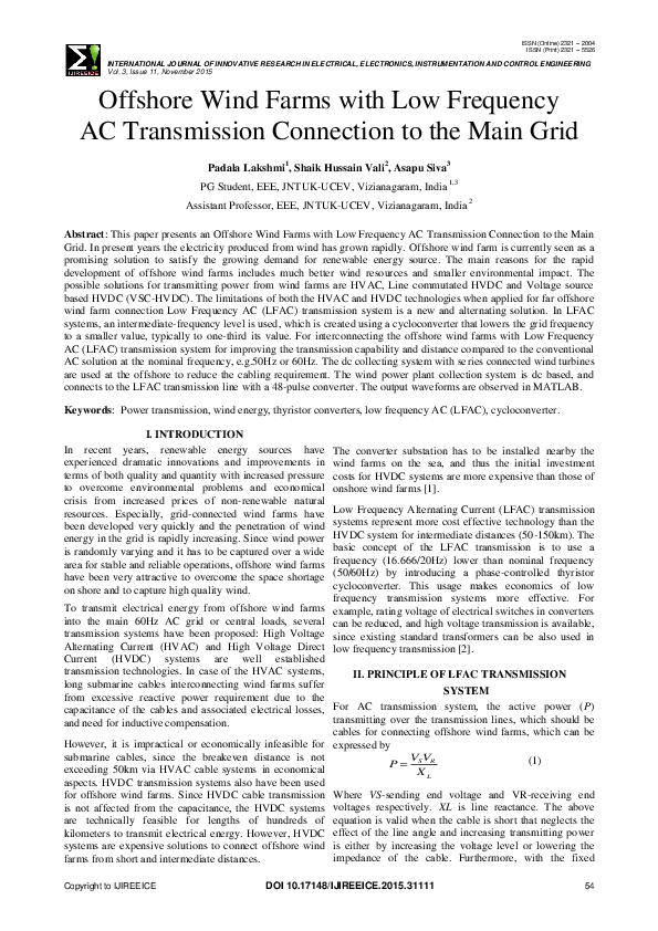 (PDF) Offshore Wind Farms with Low Frequency AC Transmission Connection to the Main Grid