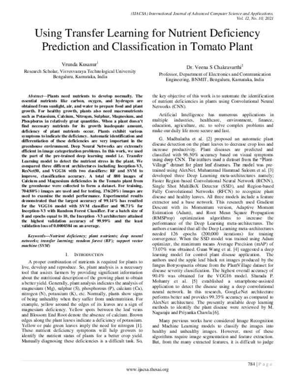 (PDF) Using Transfer Learning for Nutrient Deficiency Prediction and Classification in Tomato Plant