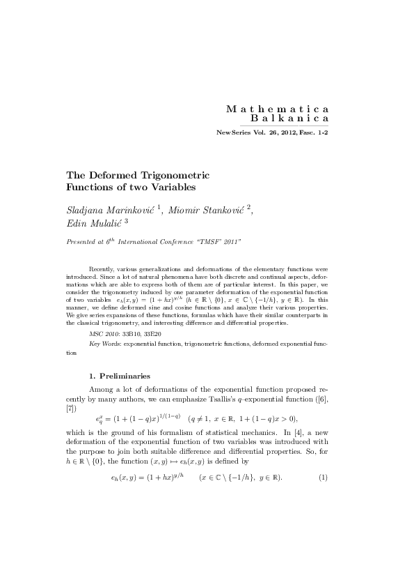 Pdf The Deformed Trigonometric Functions Of Two Variables Miomir Stankovic