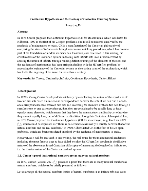 (DOC) Continuum Hypothesis and the Fantasy of Cantorian Counting System