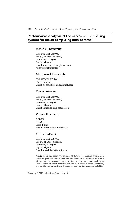 (PDF) Performance analysis of the M/G/c/c + r queuing system for cloud computing data centres