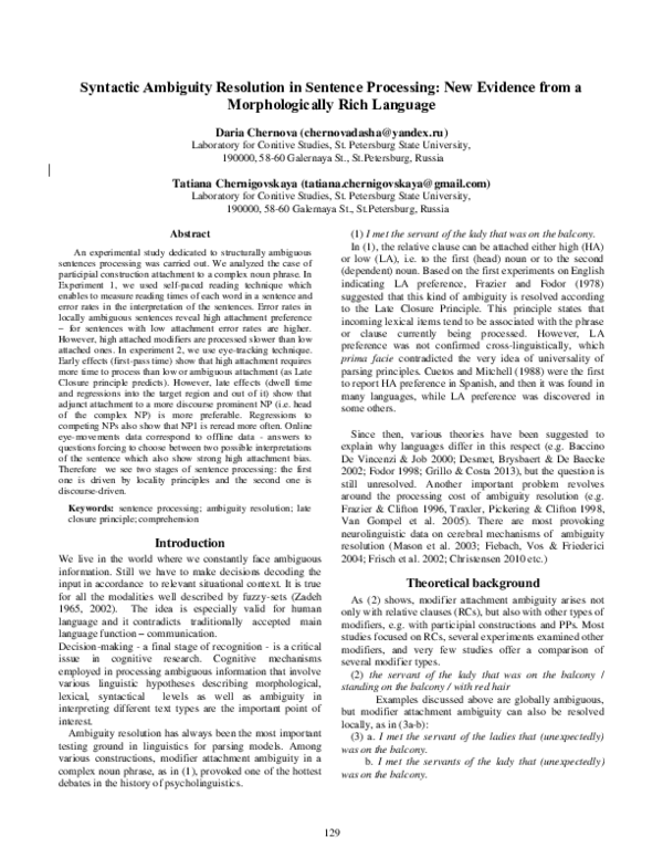 Pdf Syntactic Ambiguity Resolution In Sentence Processing New Evidence From A Morphologically