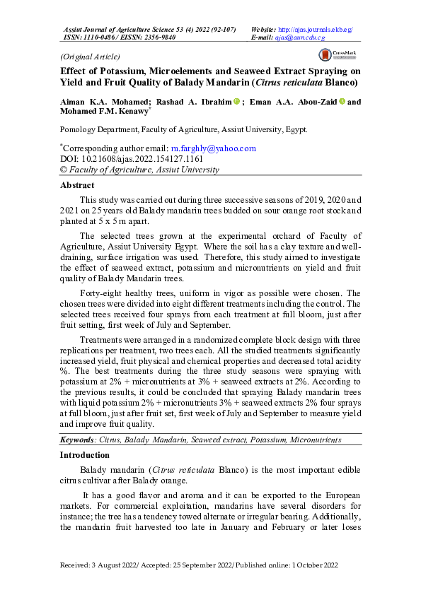 Pdf Effect Of Potassium Microelements And Seaweed Extract Spraying