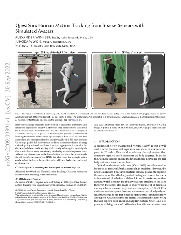 Pdf Questsim Human Motion Tracking From Sparse Sensors With Simulated Avatars Jungdam Won