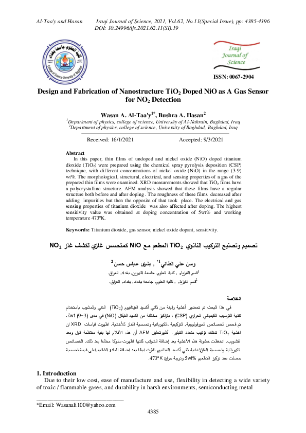 (PDF) Design and Fabrication of Nanostructure TiO2 Doped NiO as A Gas Sensor for NO2 Detection