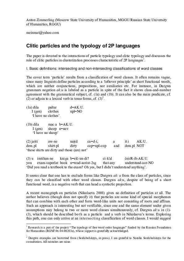 (PDF) Clitic particles and the typology of 2P languages