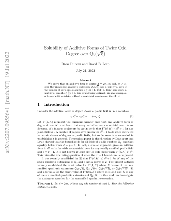 (PDF) Solubility of Additive Forms of Twice Odd Degree over $\mathbb{Q ...
