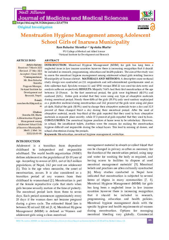 (PDF) Menstruation Hygiene Management among Adolescent School Girls of ...
