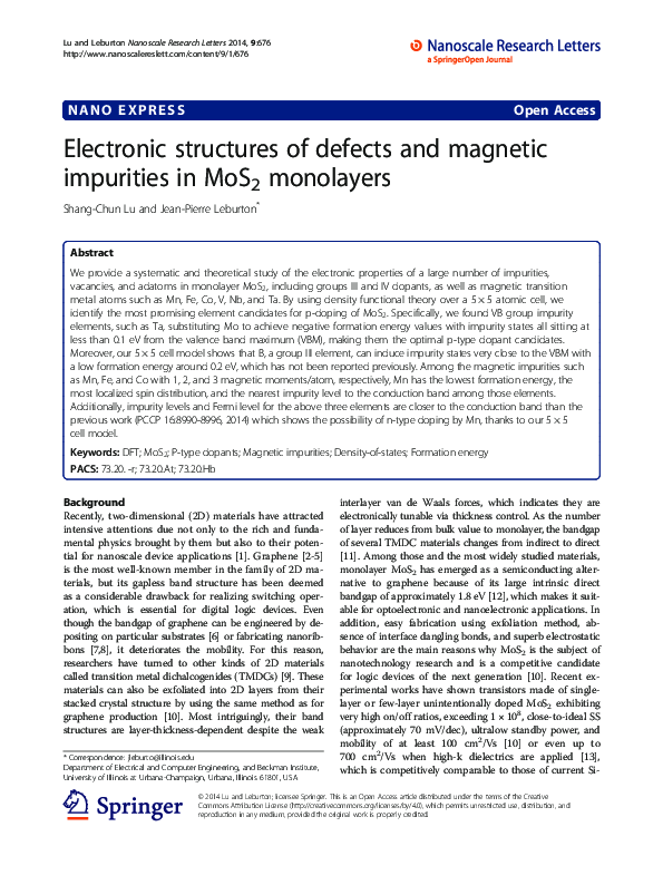 (PDF) Electronic structures of defects and magnetic impurities in MoS2 monolayers