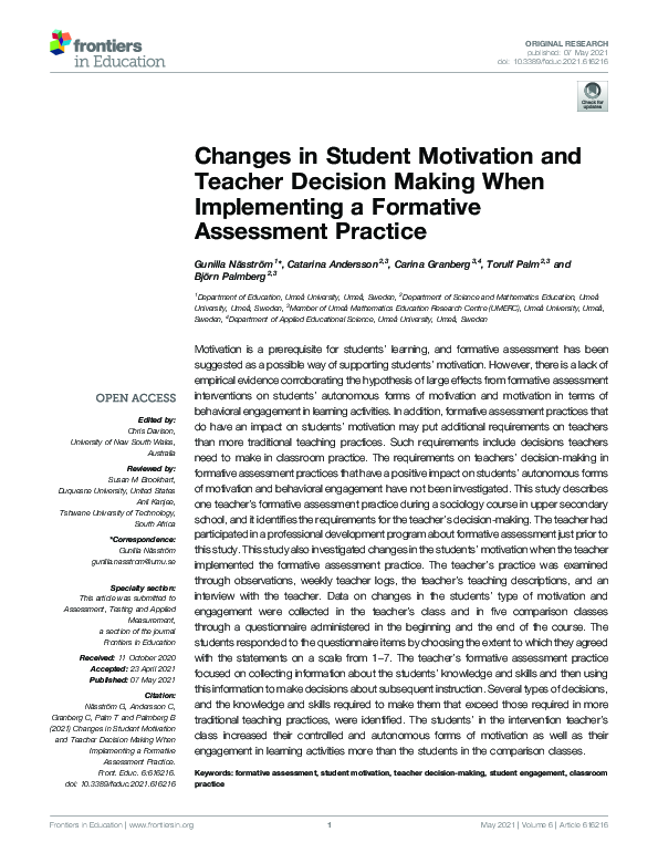 (PDF) Changes in Student Motivation and Teacher Decision Making When ...