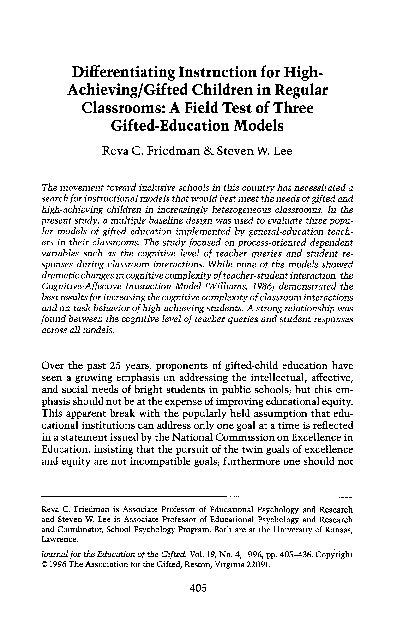 (PDF) Differentiating Instruction for High-Achieving/Gifted Children in ...